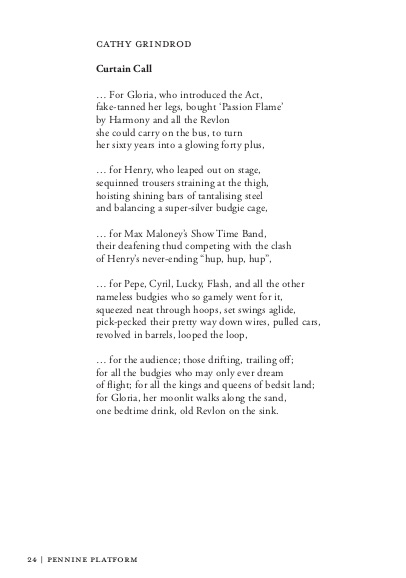 Cathy Grindrod reads ‘Curtain Call’ (Issue 92) – Pennine Platform
